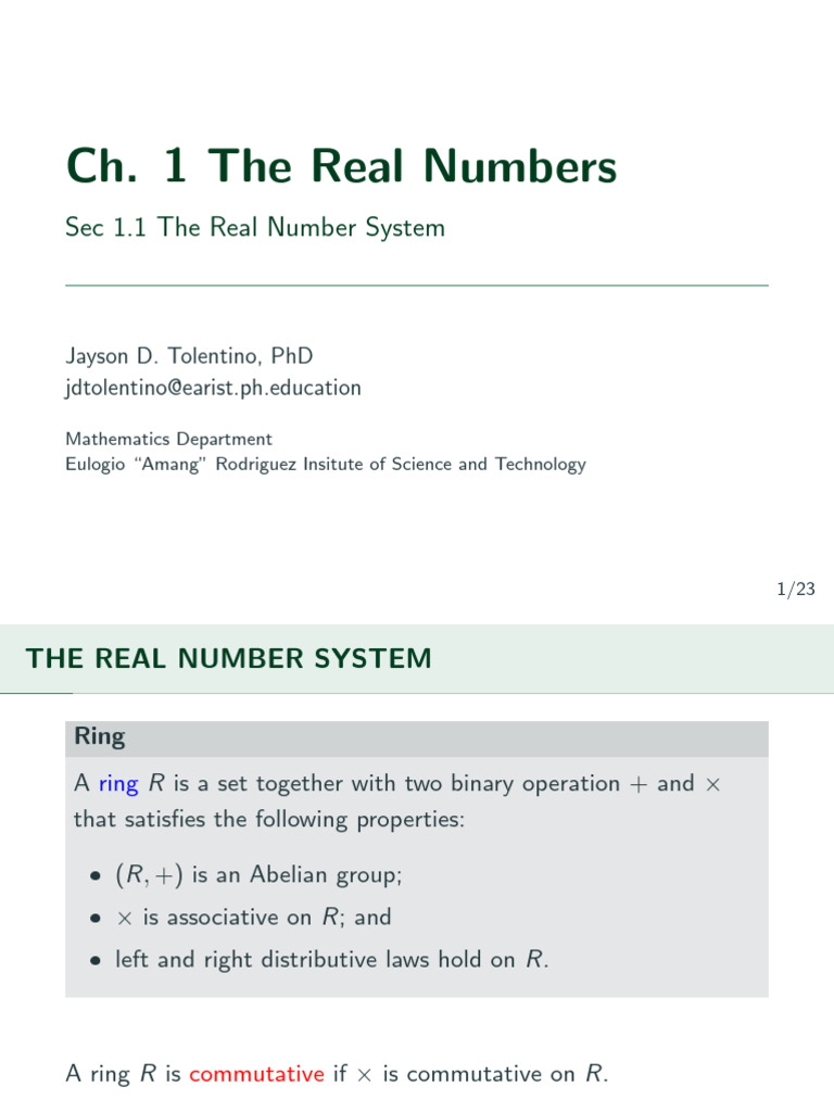 Chapter 1 - The Real Numbers (Part 1) | PDF | Ring (Mathematics) | Real ...