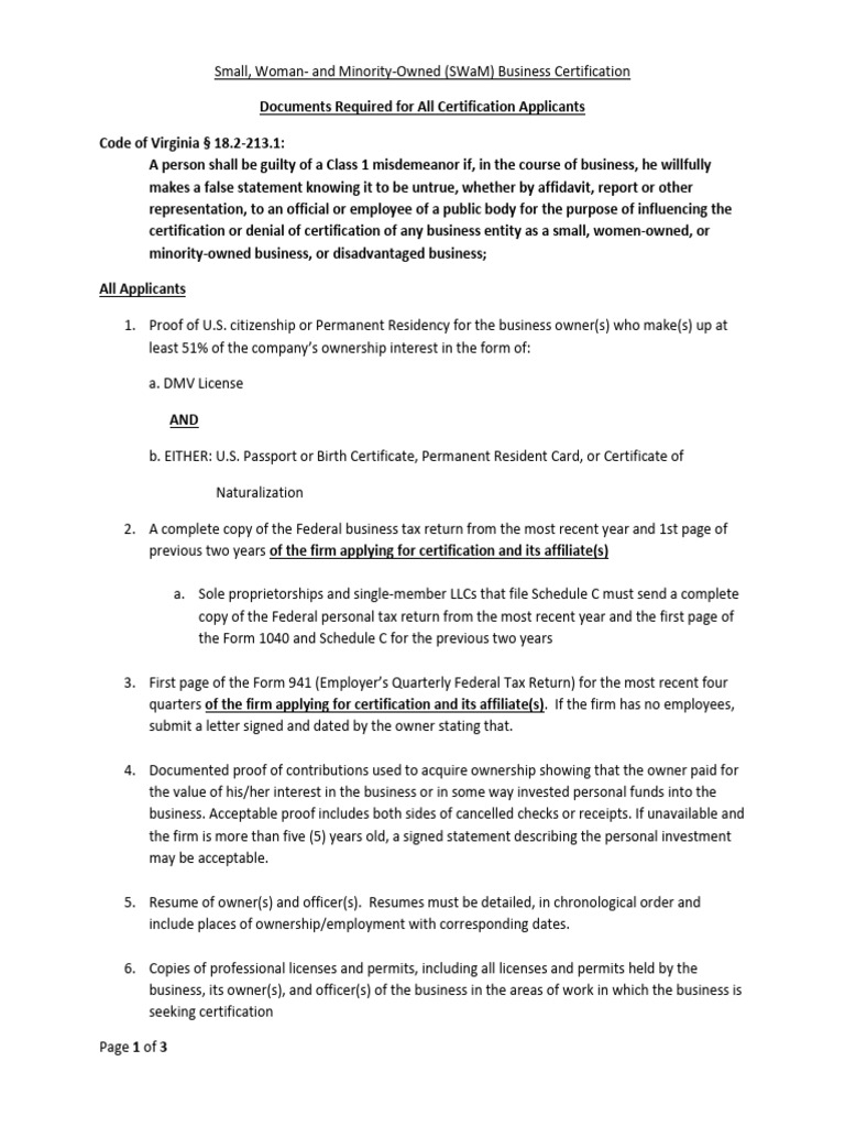 SWaM Documents Required | PDF | Irs Tax Forms | Limited Liability Company