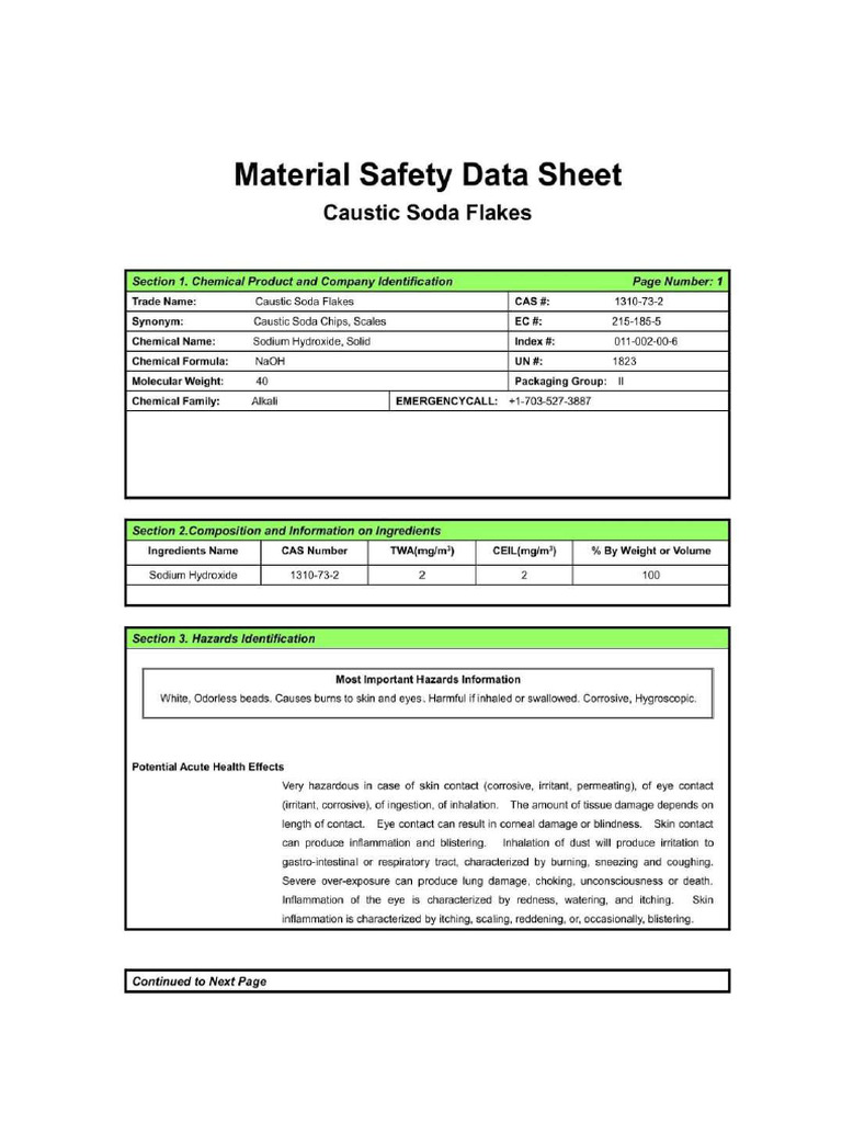 Msds Caustic Soda Flake Ex China | PDF
