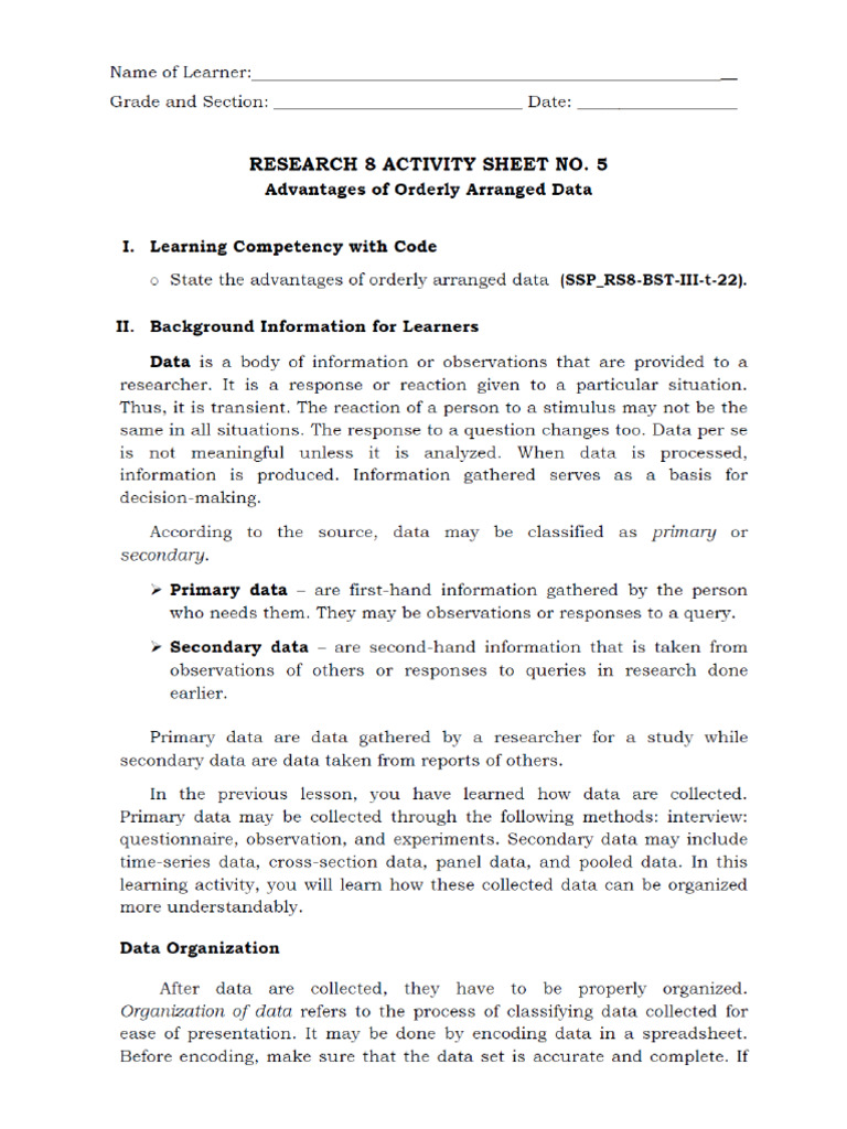 Research II Activity Sheet Advantages of Orderly Arranged Data | PDF