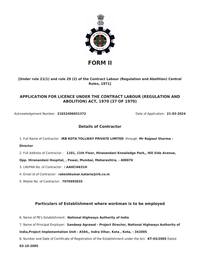 Form Ii: Application For Licence Under The Contract Labour (Regulation ...