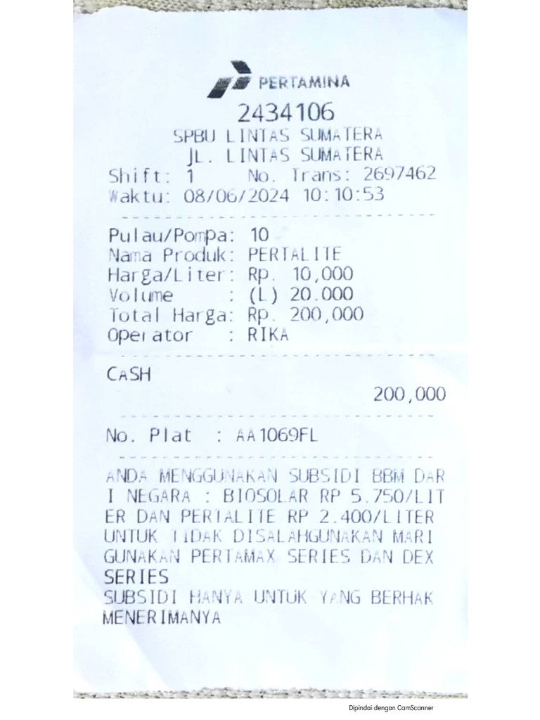 Struk Bensin Pulang dari Bandara Lampung - Liwa | PDF