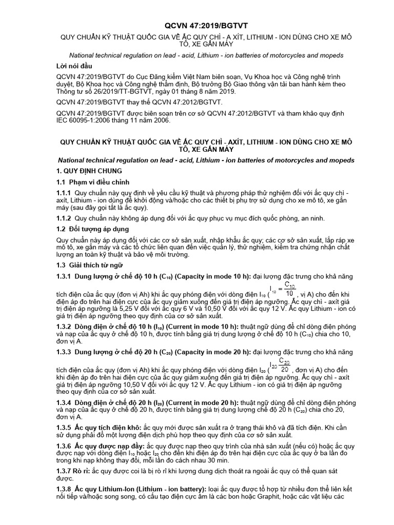 QCVN 47-2019 BGTVT - Ắc quy chì - Axít, Lithium - Ion dùng cho xe mô tô, xe gắn máy | PDF