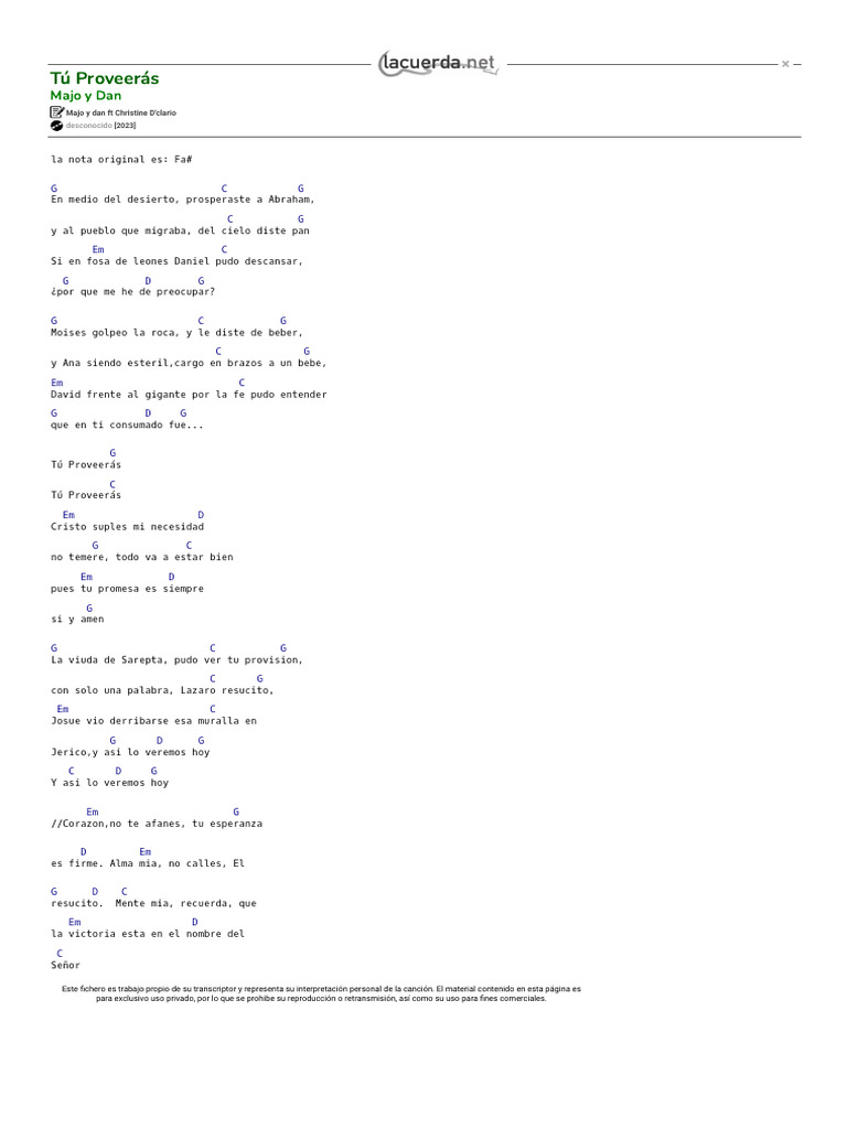 Acordes y letra de "Tú Proveerás" | PDF