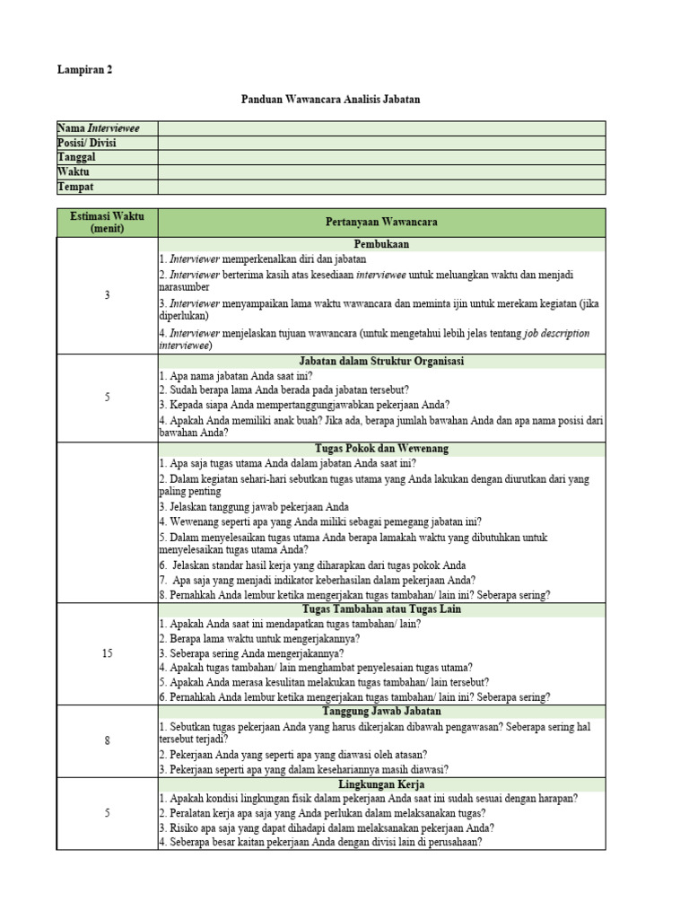 Contoh Panduan Wawancara Analisa Jabatan (Lampiran 2) | PDF