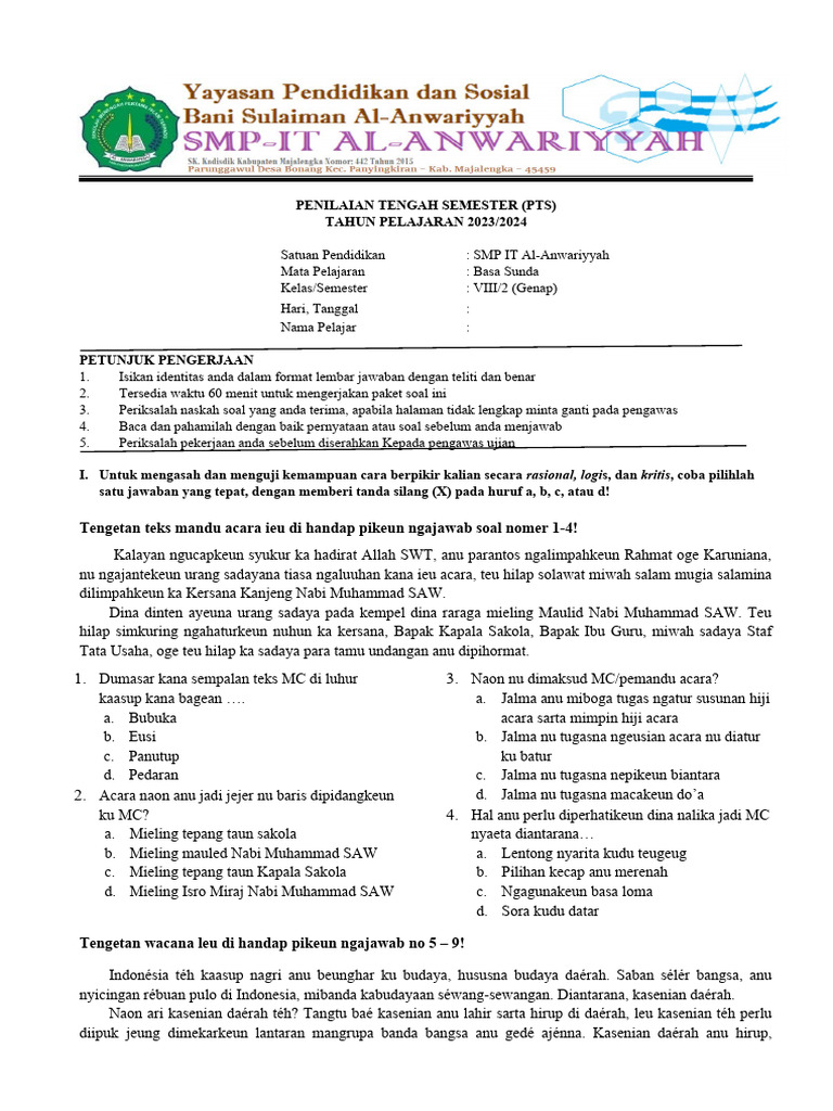 Soal PTS Genap Sunda Viii Ta 2023 - 2024 Rismaeni | PDF | Kajian Bahasa Asing