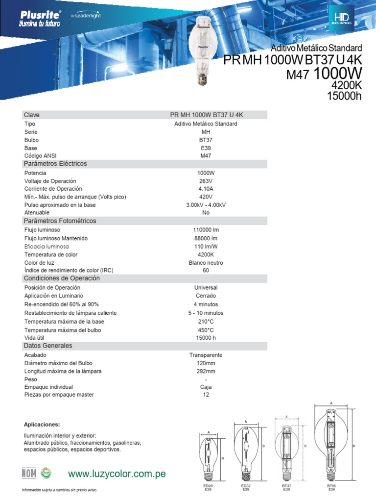 Ficha-PR-MH-1000W-BT37-U-4K-PLUSRITE-1 (1) | Descargar gratis PDF ...