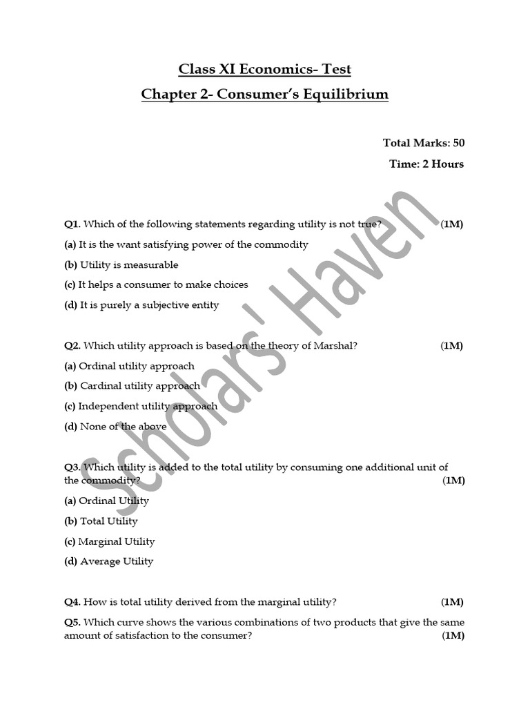Class XI Consumer's Equilibrium Test | PDF | Utility | Marginal Utility