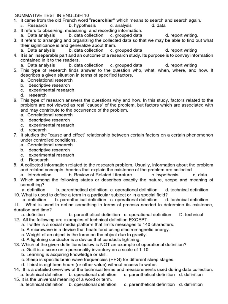 Summative Test: Definitions in Research | PDF | Experiment | Methodology