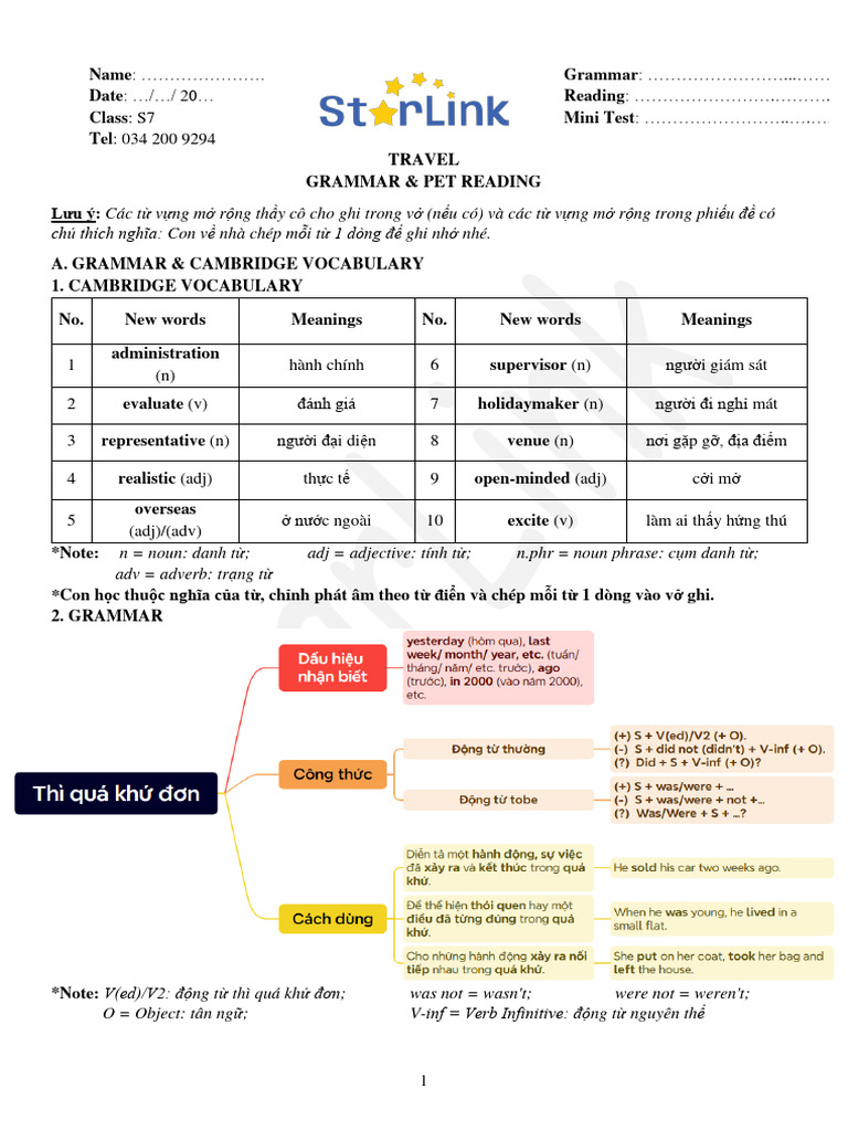 Viet Teacher - S7 - W1 - GRAMMAR & PET READING | PDF | Semantic Units | Syntax