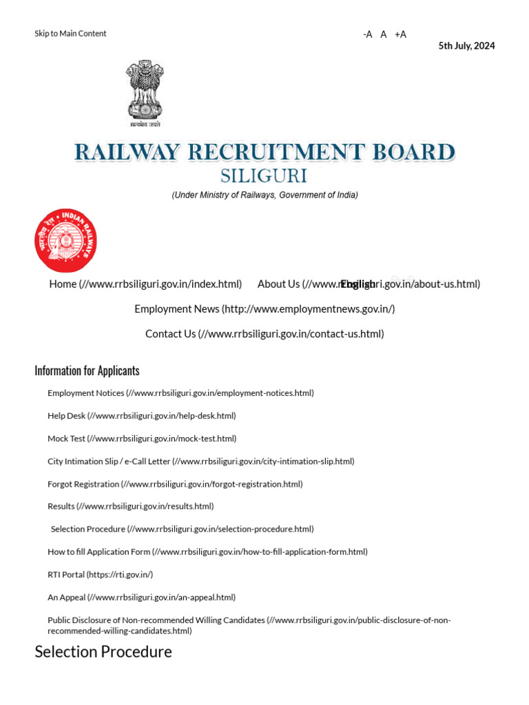 Railway Recruitment Board, Siliguri - Selection Procedure | PDF