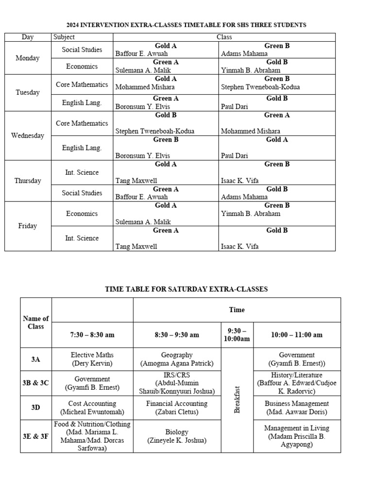 2024 Intervention - Extra Classes Time Table - Y3s-1 | PDF | Science