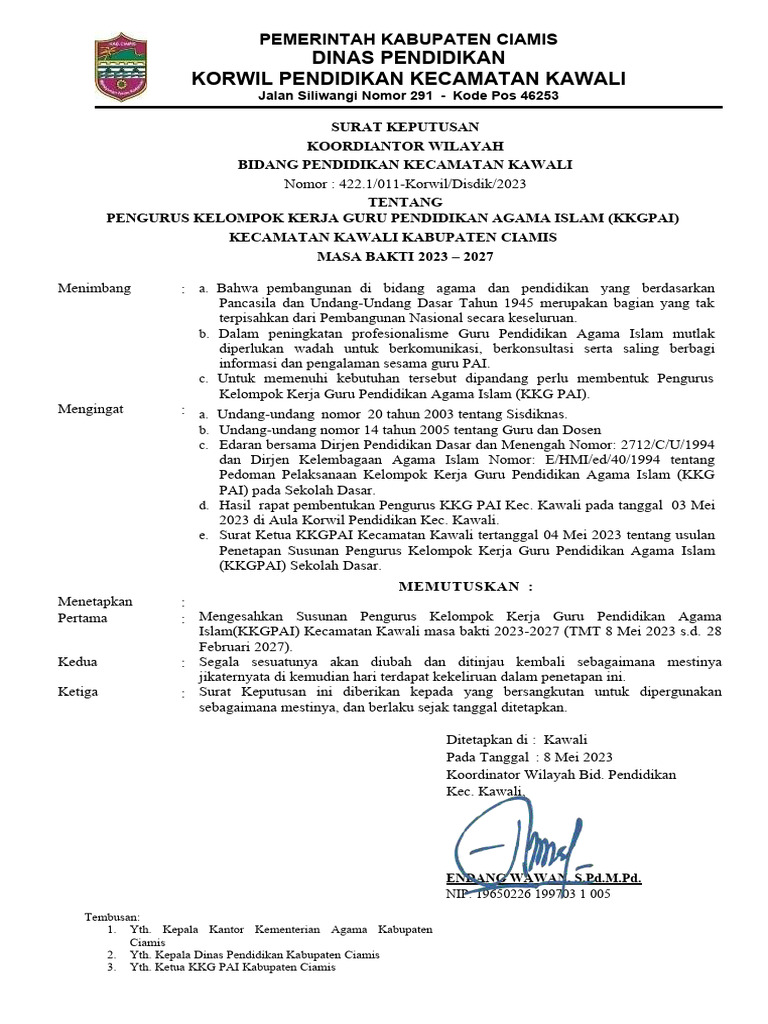 SK Pengurus KKG Pai Kecamatan Kawali | PDF