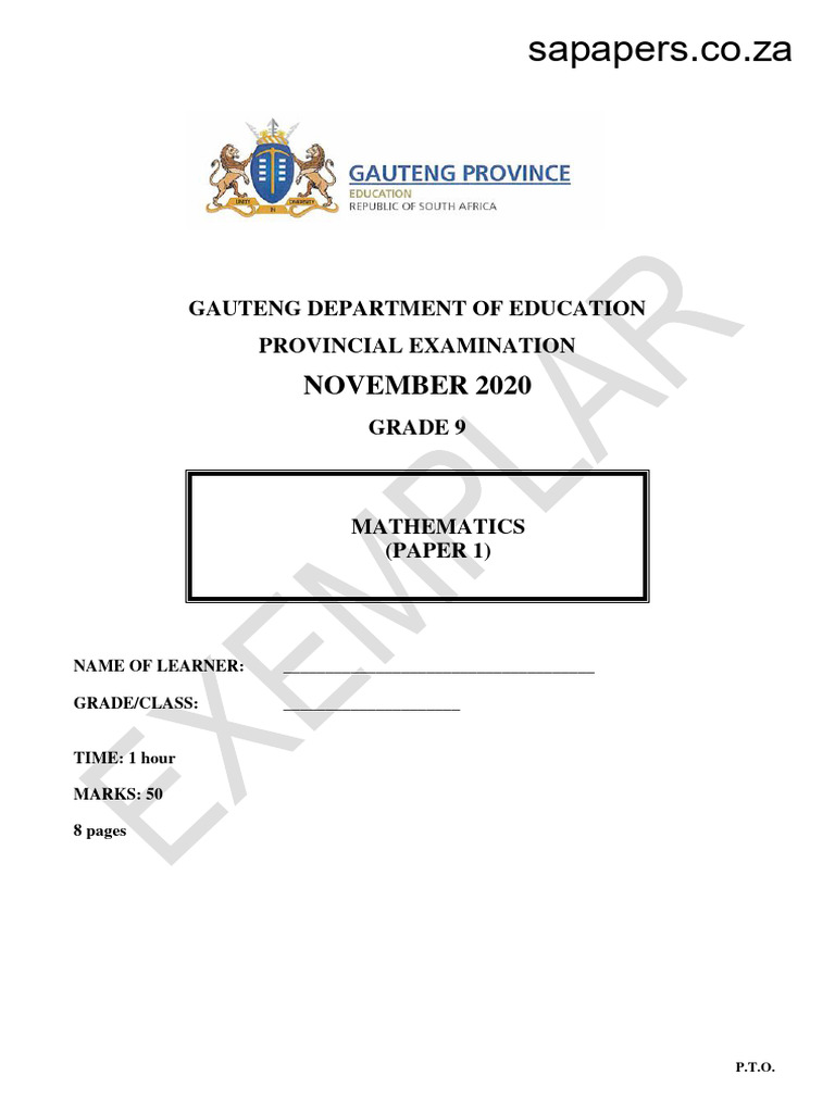 Gr9 Math P1 (English) 2020 Exemplars Question Paper | PDF | Mathematics ...