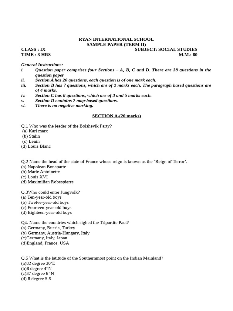 Class IX Social Studies Sample Paper | PDF | Politics | Social Science