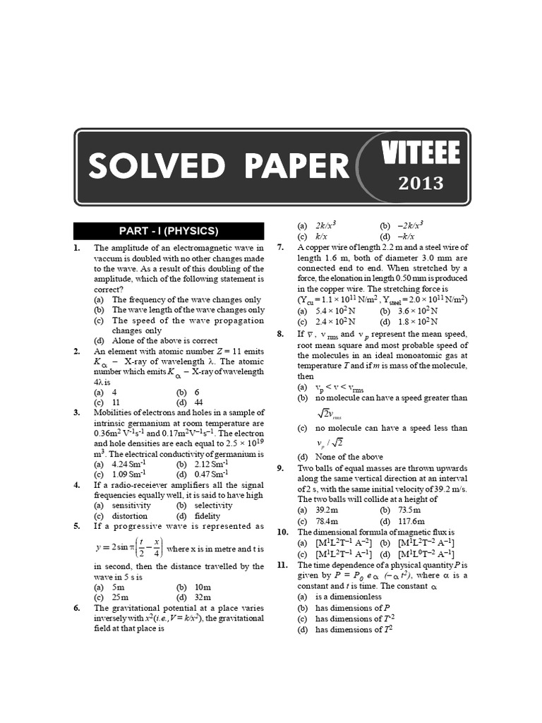 VITEEE Physics Solved Paper 2013 | PDF | Ester | Waves