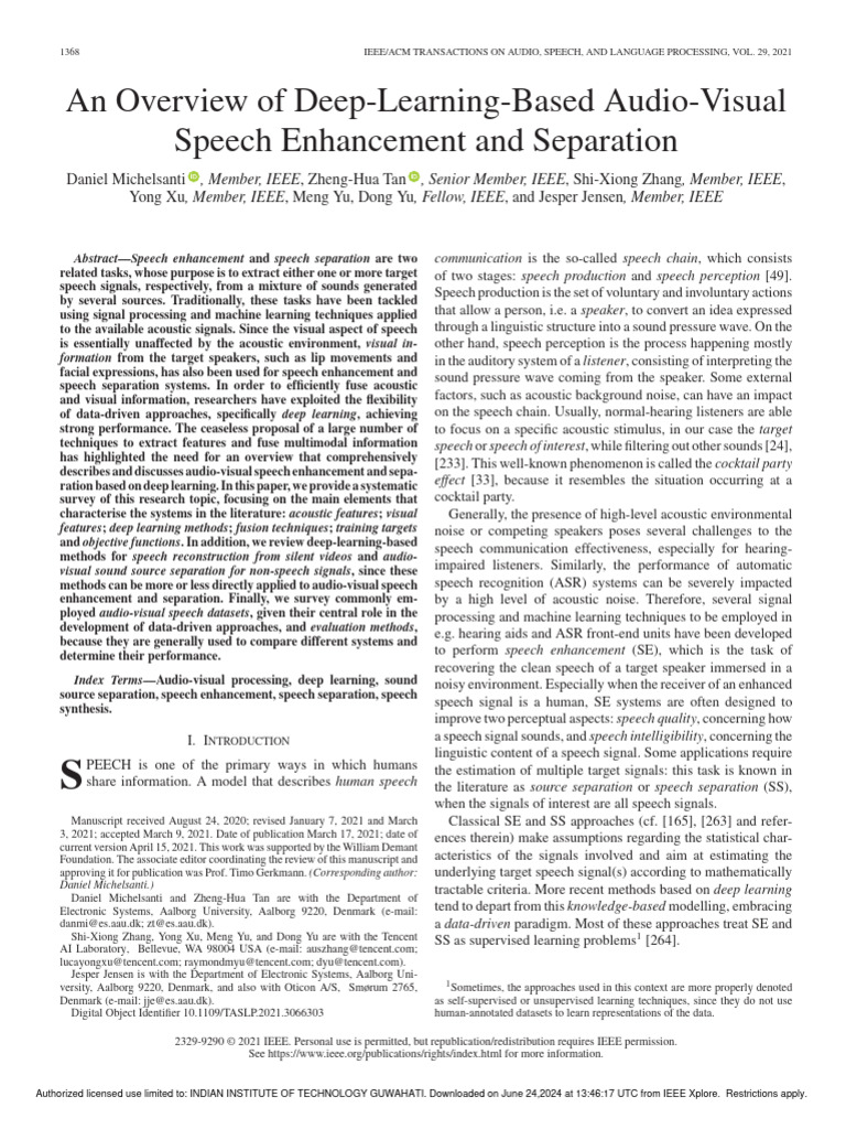 An Overview of Deep-Learning-Based Audio-Visual Speech Enhancement and Separation | PDF | Deep ...