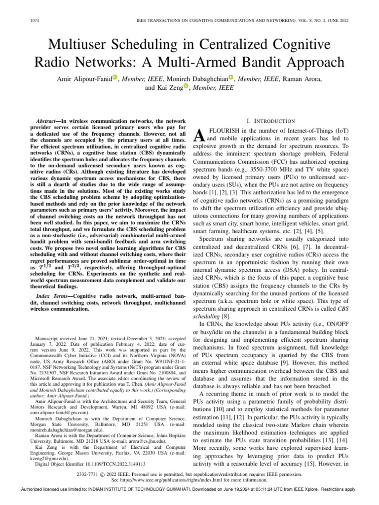 Multiuser Scheduling in Centralized Cognitive Radio Networks: A Multi-Armed Bandit Approach ...