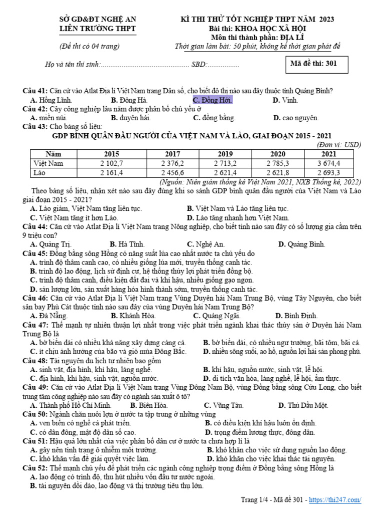 De Thi Thu Tot Nghiep THPT 2023 Mon Dia Li Lien Truong THPT Nghe An | PDF