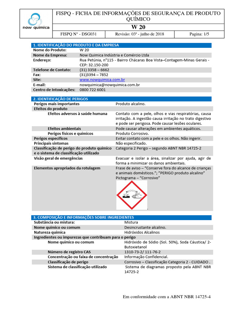 FISPQ - Detergente Neutro - Desengraxante W 20 | PDF | Embalagem e rotulagem | Corrosão