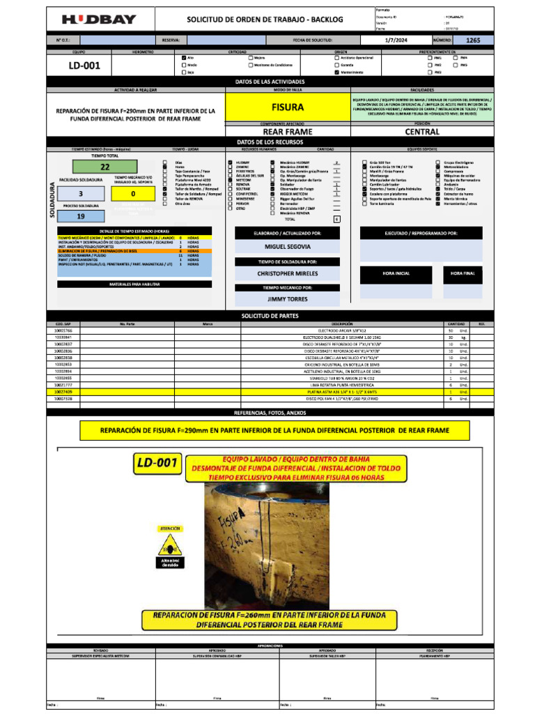 1265-CMF-BACKLOG - REPARACIÓN DE FISURA F 290mm EN PARTE INFERIOR DE LA FUNDA DIFERENCIAL ...
