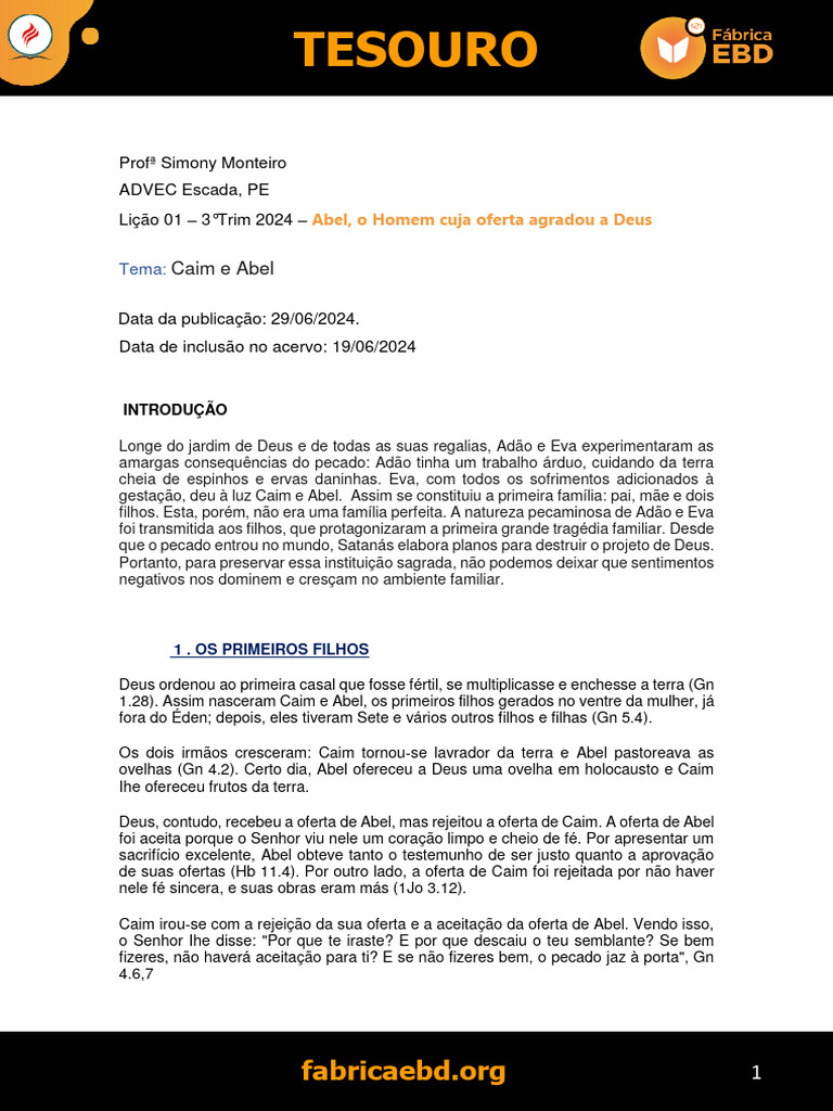 L01 - Caim e Abel - 3º Trim 2024 - Textual - Simony Monteiro | PDF | Caim e Abel | Adão e Eva