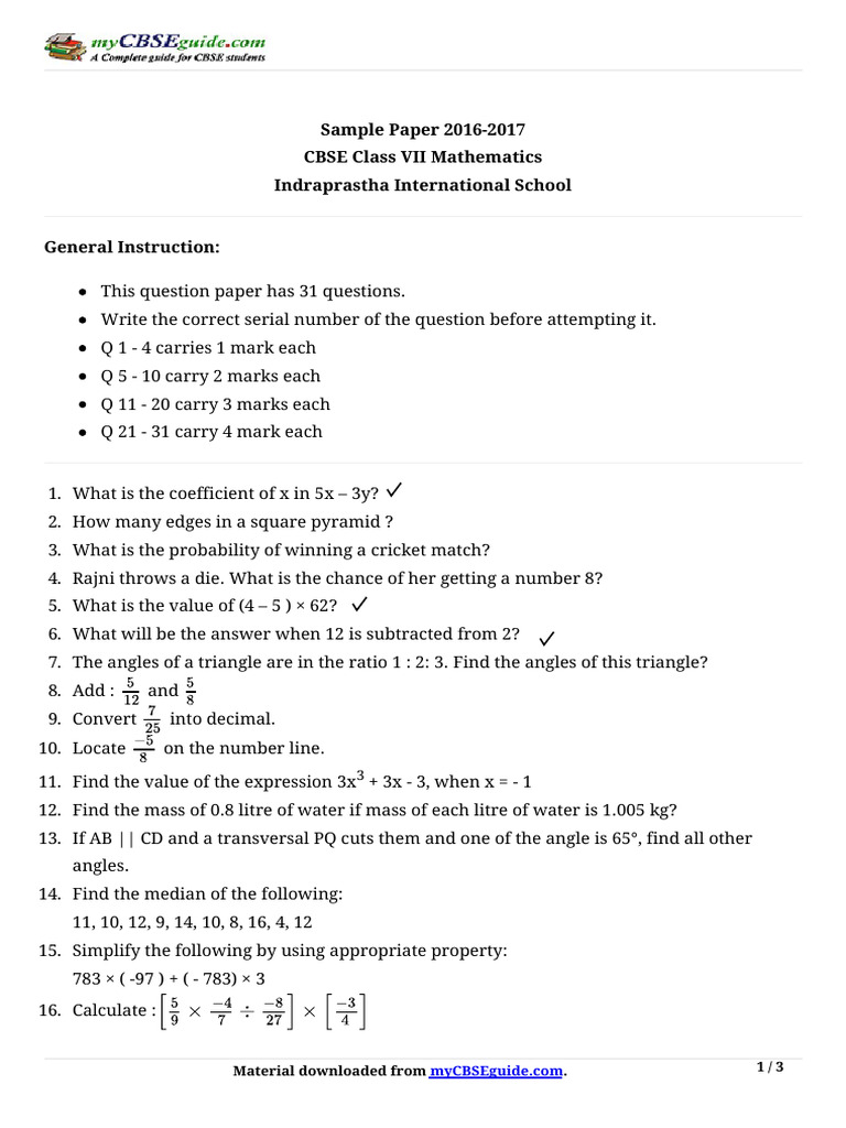 7 Maths Sample Papers | PDF | Triangle | Euclidean Geometry