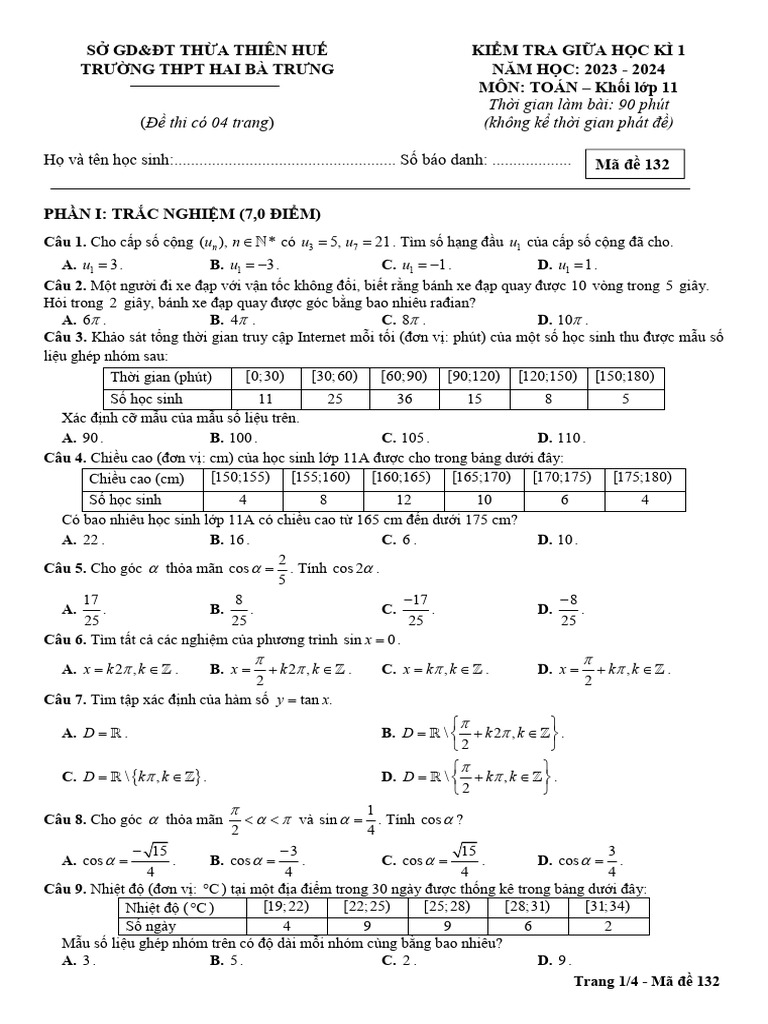 De Giua Hoc Ki 1 Toan 11 Nam 2023 2024 Truong THPT Hai Ba Trung TT Hue | PDF