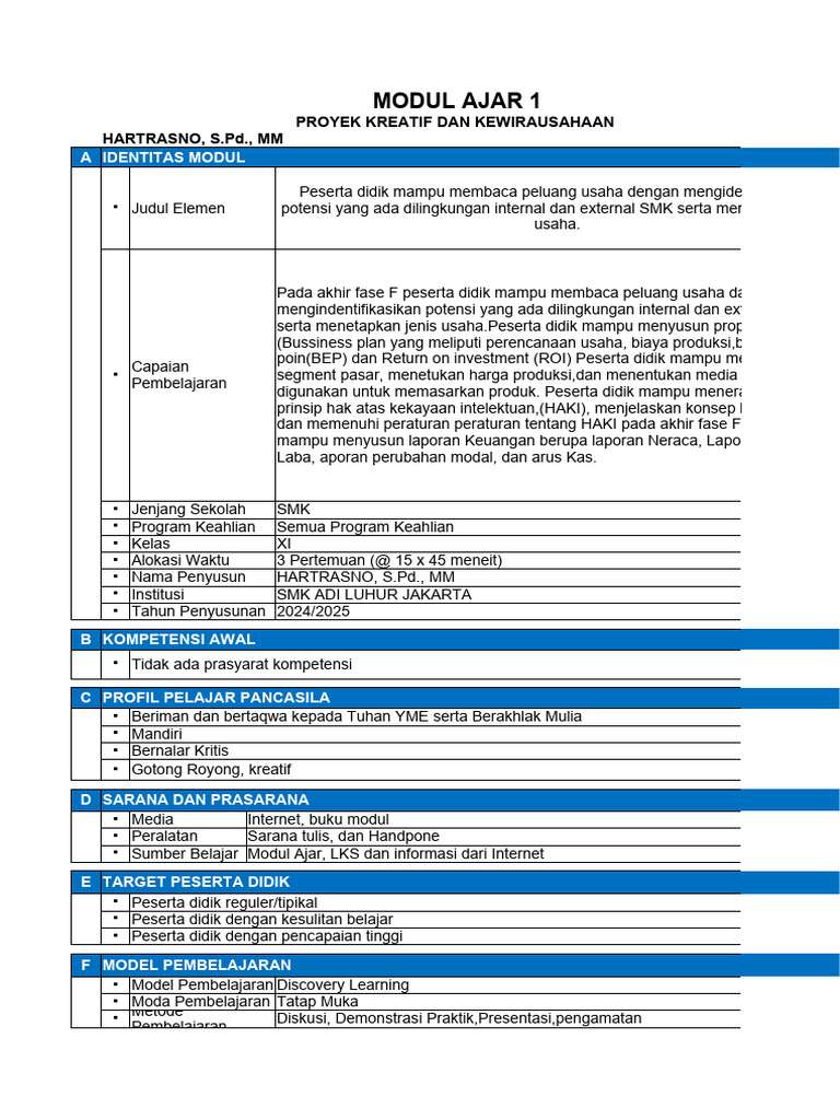 Modul Ajar PKK Xi SMT Ganjil 2024 | PDF