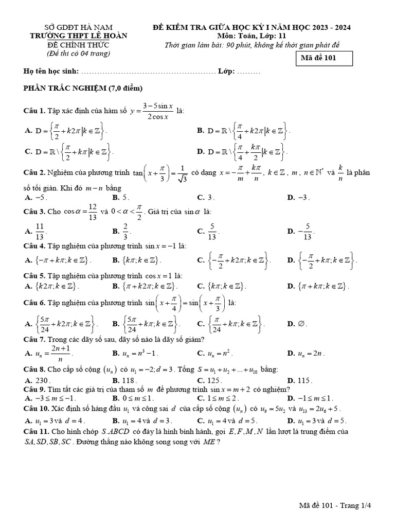 De Giua Hoc Ky 1 Toan 11 Nam 2023 2024 Truong THPT Le Hoan Ha Nam | PDF