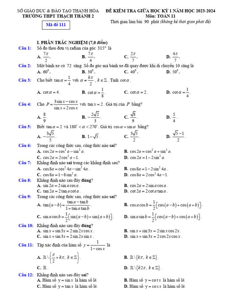De Giua Hoc Ky 1 Toan 11 Nam 2023 2024 Truong THPT Thach Thanh 2 Thanh Hoa | PDF