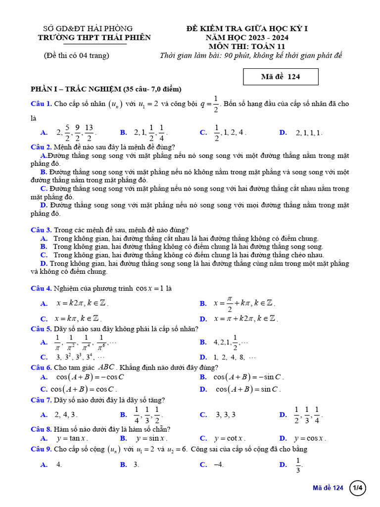 De Giua Hoc Ky 1 Toan 11 Nam 2023 2024 Truong THPT Thai Phien Hai Phong | PDF