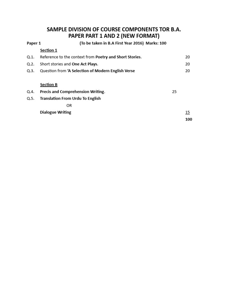 Sample Division of Course Components Tor B.A. Paper Part 1 and 2 (New ...