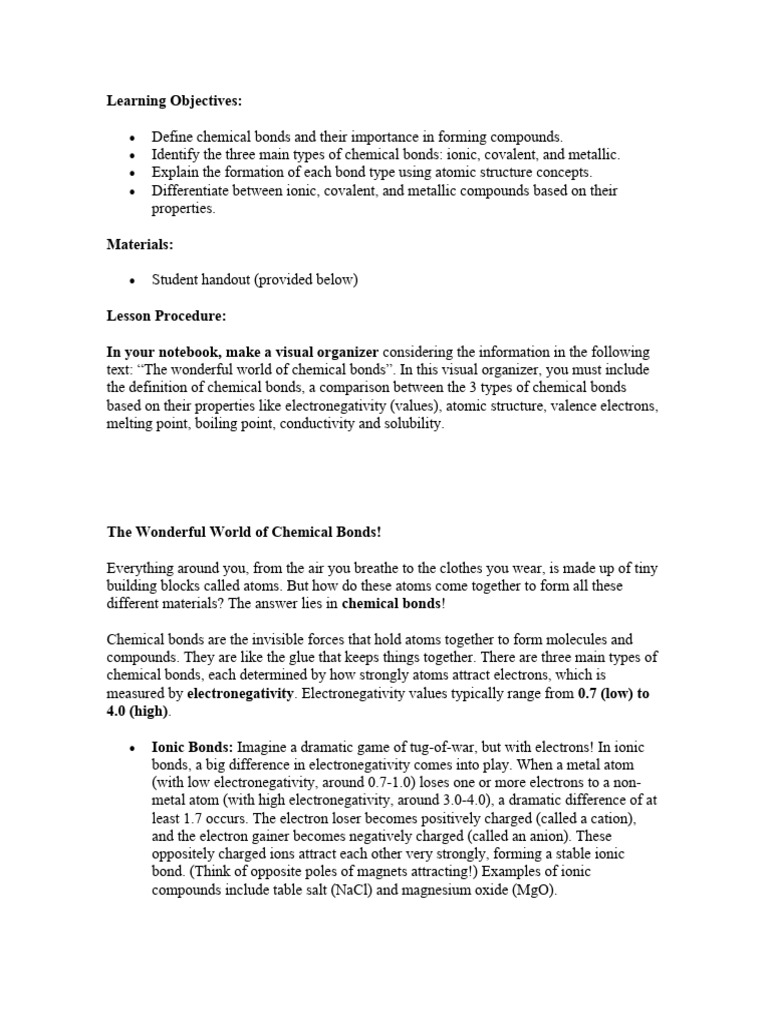 Visual Organizer - Chemical Bonds | PDF | Chemical Bond | Chemical ...