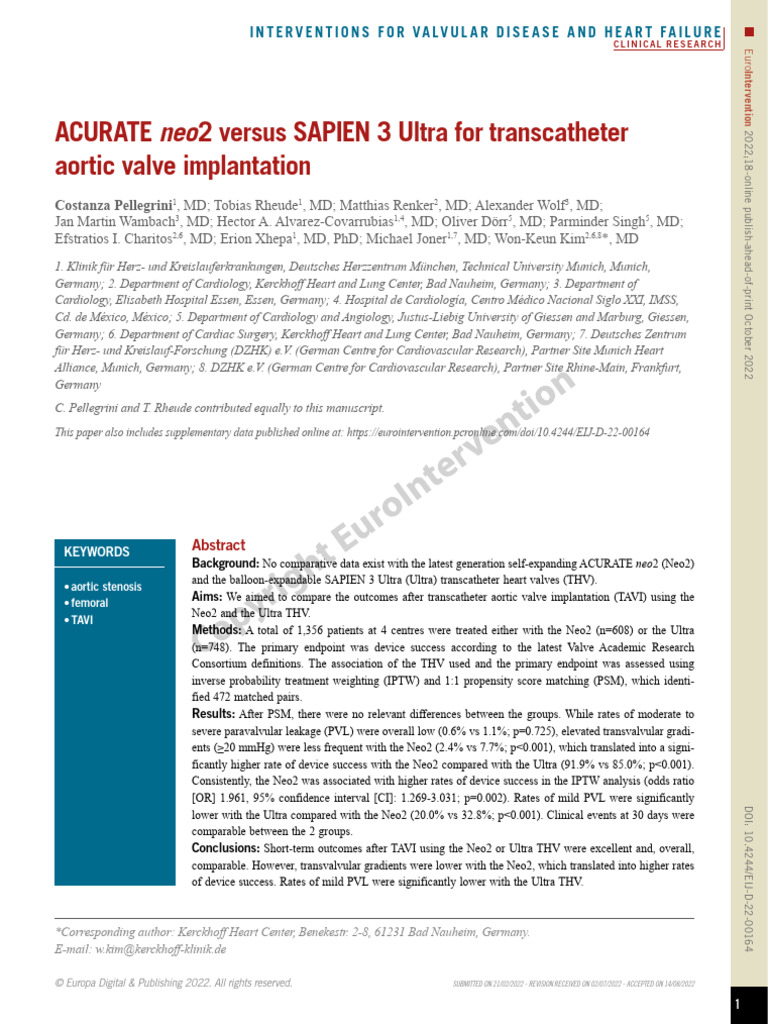 Acurate Neo2 Versus Sapien 3 Ultra for Transcatheter Aortic Valve Implantation | PDF ...