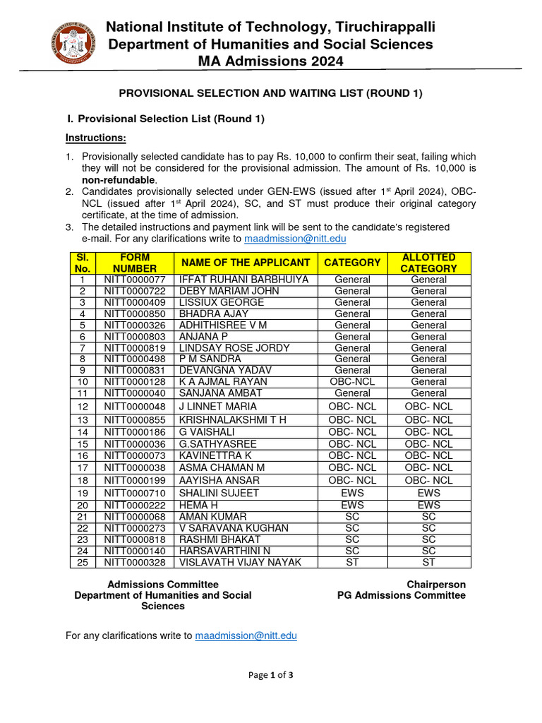 MA Admissions - 2024 - Round 1 - Provisionally Selected and Waitlisted ...