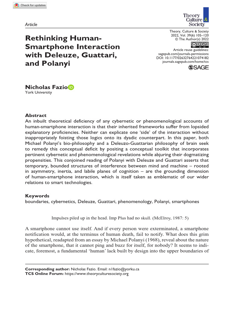 Fazio 2022 Rethinking Human Smartphone Interaction With Deleuze Guattari and Polanyi | PDF ...