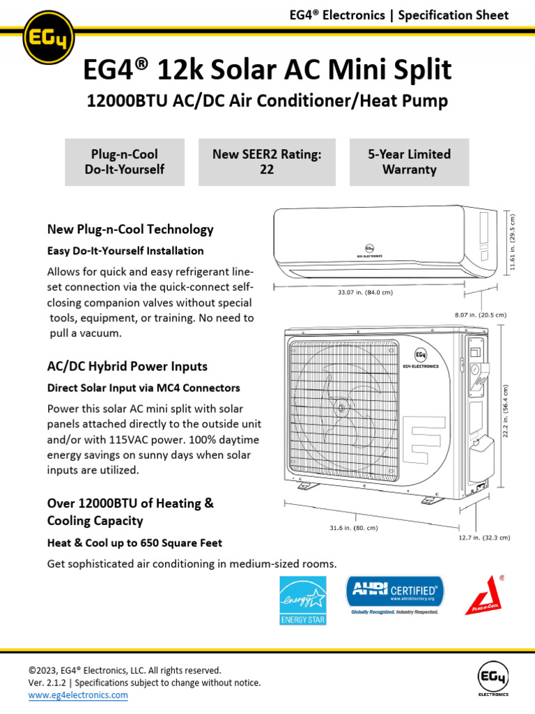 EG4 12K BTU AC DC Plug N Cool Solar AC Spec Sheet | PDF | Air ...