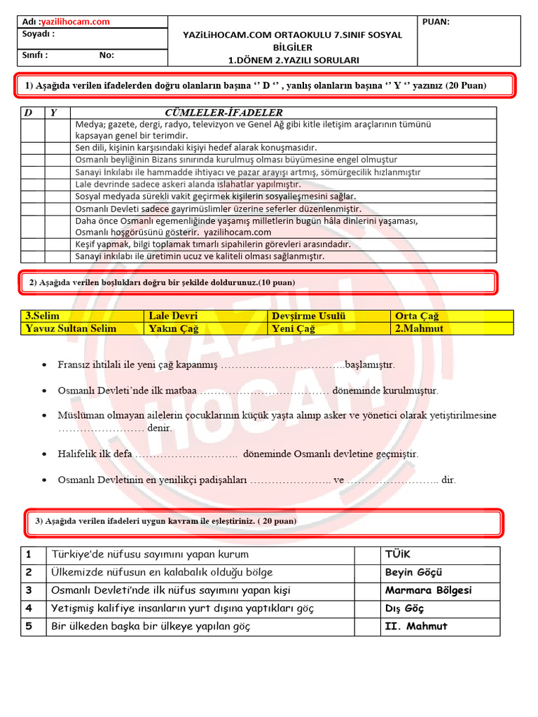 yazilihocam.com---------------7.SINIF SOSYAL BİLGİLER 1.DÖNEM 2.YAZILI SORULARI -1 | PDF