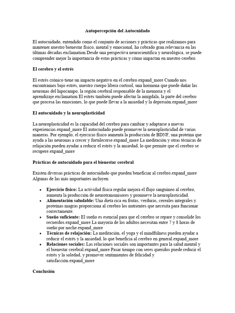 Autopercepción Del Autocuidado | PDF | Cerebro | Estrés (biología)