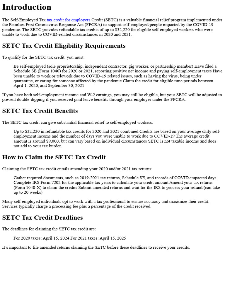 SETC Tax Credit Guide 173649 | PDF | Self Employment | Small Business & Entrepreneurs