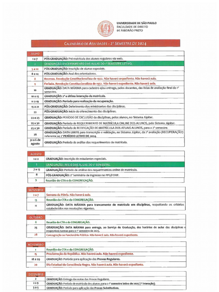 Calendario FDRP - 2o Semestre | PDF