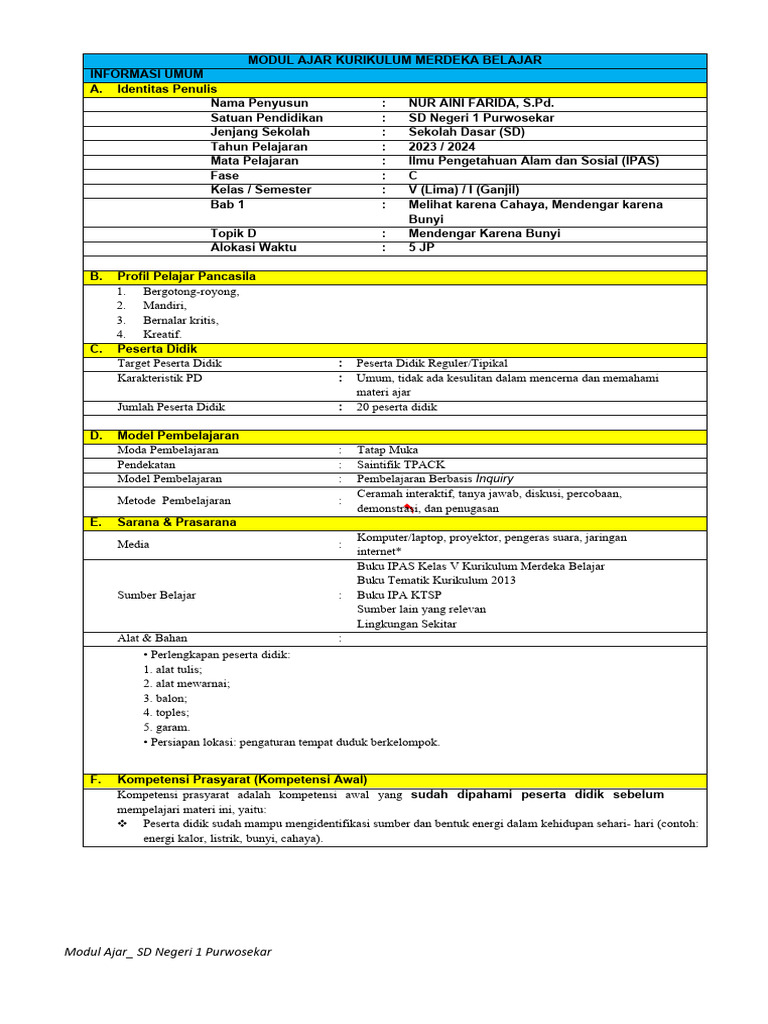 MODUL AJAR IPAS_BAB 1_TOPIK D_SDN 3 RANDUGADING | PDF