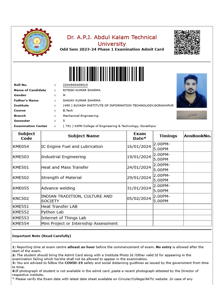 AKTU Admit Card | PDF