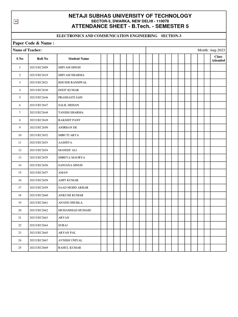 ATTENDANCE SHEET - B.Tech. - SEMESTER 5 ELECTRONICS AND COMMUNICATION ENGINEERING SECTION-3 | PDF