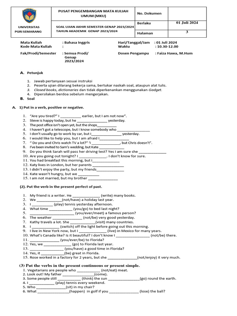 UAS_MKU_GENAP_2023-2024 (Bahasa Inggris) | PDF | Travel Visa | Human ...
