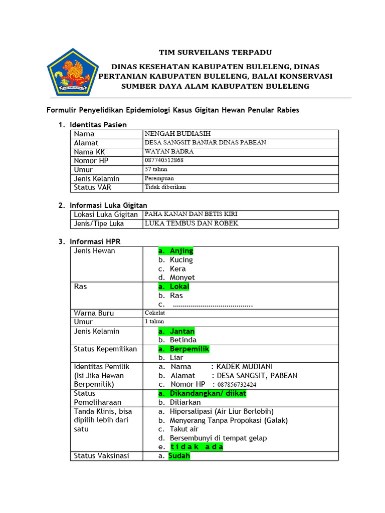 Formulir GHPR Surveilan Terpadu SANGSIT | PDF