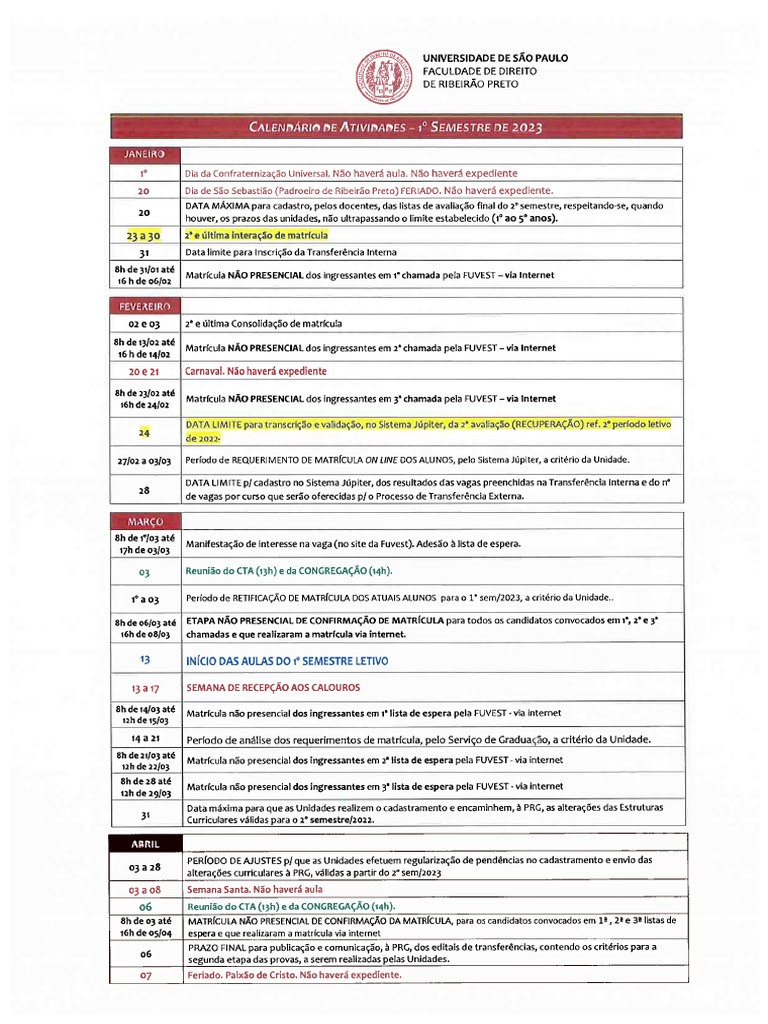 Calendario Atividades FDRP 1 Sem 2023 | PDF
