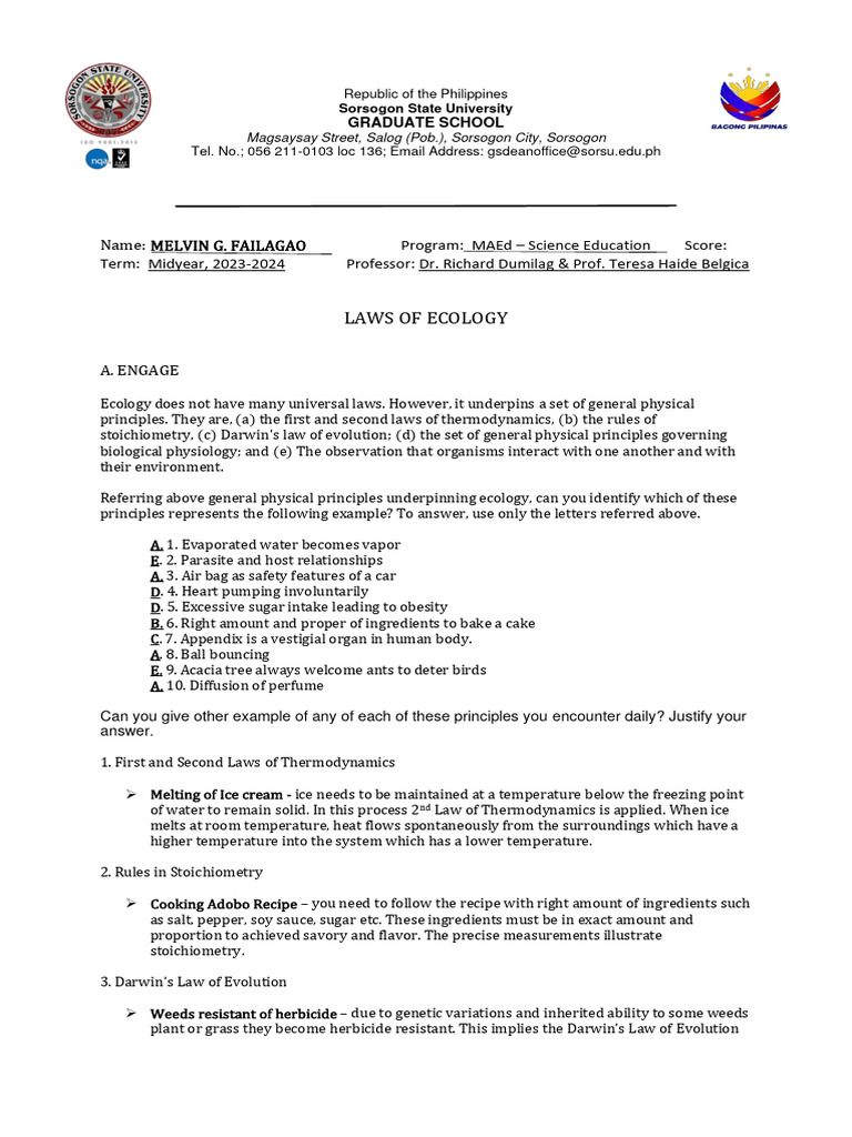 Laws of Ecology Activity | PDF | Nature