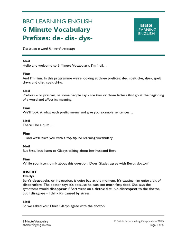 b2 U6 6min Vocab Prefixes de Dis Dys | PDF | Indigestion | Dyslexia